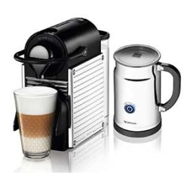 Nespresso Pixie Capsule Espresso Machine Steel Lines and milk frother